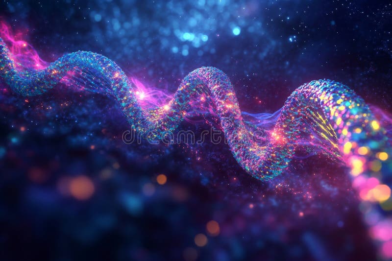 A Vibrant Abstract Render of DNA Strands in Neon Colors, Spiraling ...