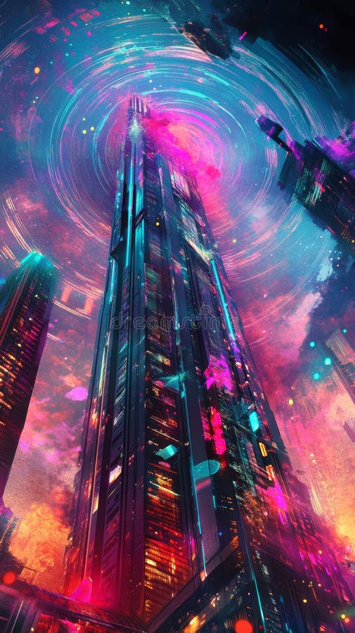 Vibrant Abstract Scene Featuring a Synthwave Skyscraper Stock ...