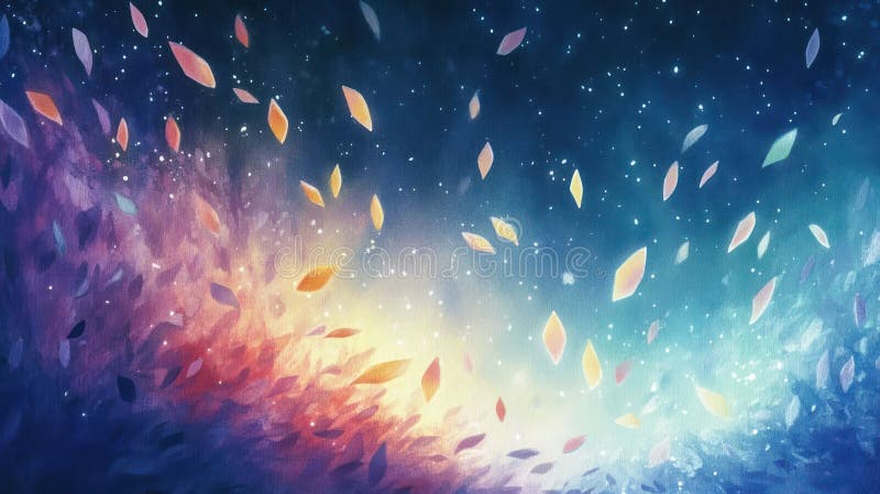A Vibrant Abstract Scene with Floating Leaves Against a Starry Backdrop ...