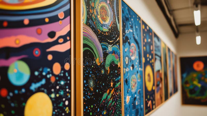 Vibrant Abstract Space-themed Art Exhibition in a Gallery Stock ...