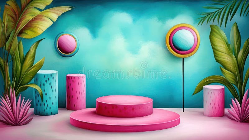 A Vibrant, Abstract Stage Design with Colorful Elements and Tropical ...