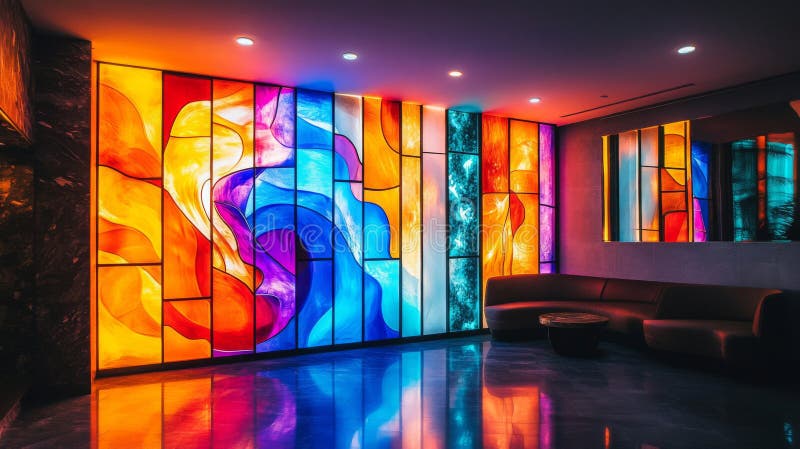 Vibrant Abstract Stained Glass Wall Art in Modern Lounge Stock ...