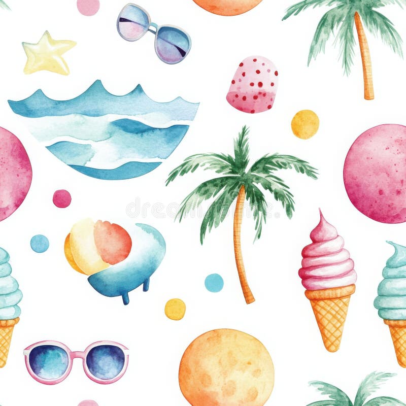 Vibrant Abstract Summer Composition with Palm Trees, Ice Cream, and ...