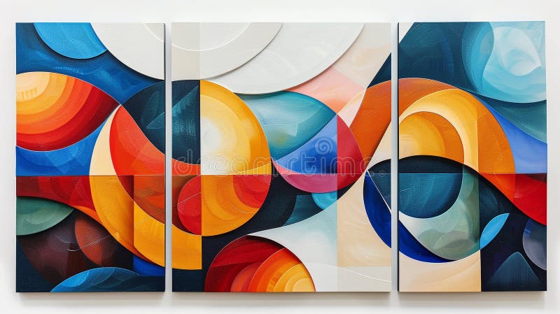 Vibrant Abstract Triptych Artwork Featuring Bold Colors and Geometric ...