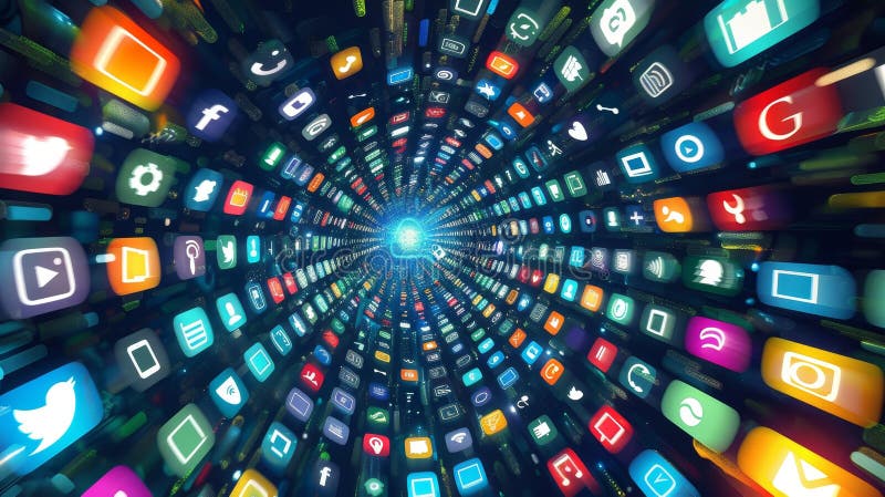 Vibrant Abstract Tunnel of App Icons Converging into Darkness ...