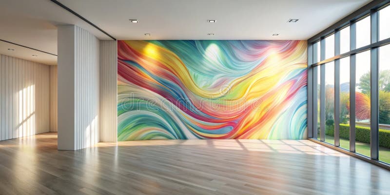 Vibrant Abstract Wall Mural in a Modern Room with Large Windows and ...