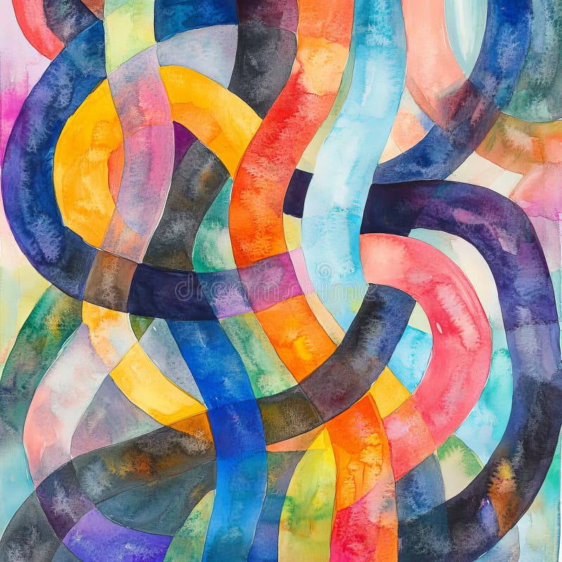 Vibrant Abstract Watercolor Painting with Interwoven Colorful Bands and ...