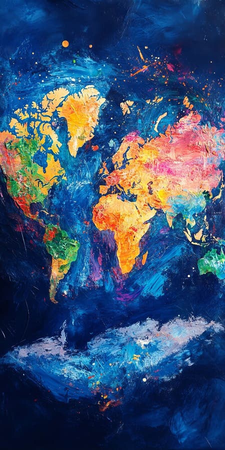 Vibrant Abstract World Map in Bright Colors on Deep Blue Background ...