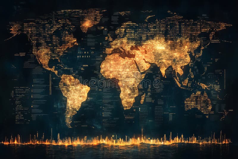 A Vibrant Abstract World Map Constructed from Luminous Binary Code Showcases a Digital Landscape ...