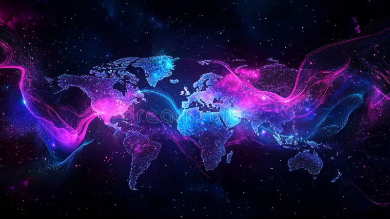 Vibrant Abstract World Map Created from Neon Light Beams in a Dark ...