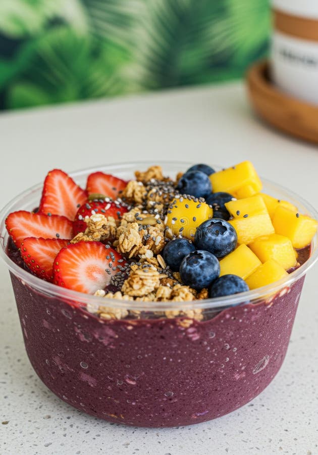 Vibrant Acai Bowl with Mango Strawberries Blueberries and Granola Stock ...
