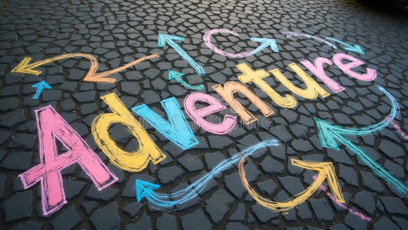 Vibrant Adventure Chalk Art on Cobblestone with Arrows Stock ...