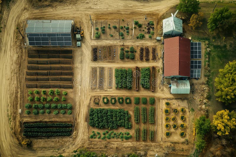 Vibrant Aerial View of a Sustainable Farm with Diverse Crops Stock ...