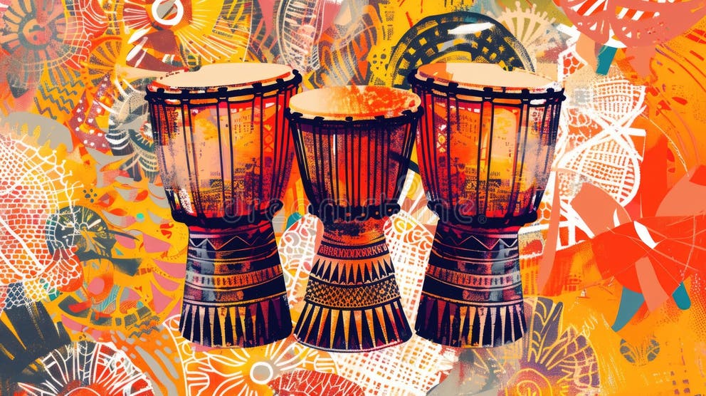 Vibrant African Djembe Drums on Ornate Patterned Background. Stock ...