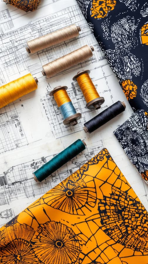 Vibrant African Fabric Pieces in Striking Patterns Alongside Spools of ...