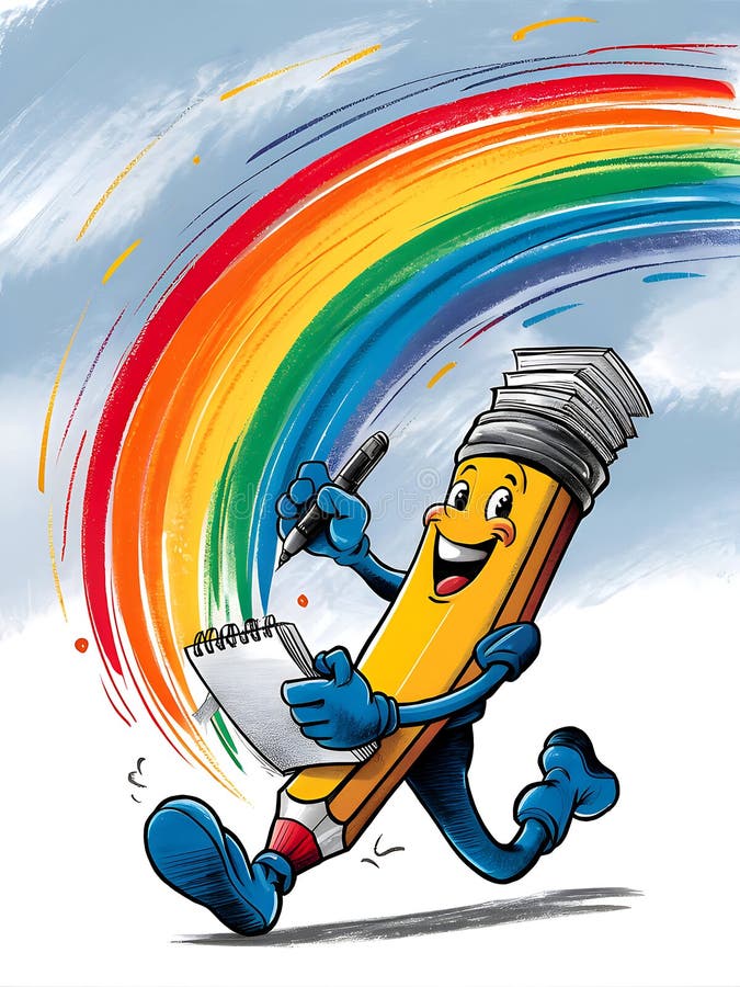 Joyful Pencil Creating a Rainbow Stock Illustration - Illustration of ...