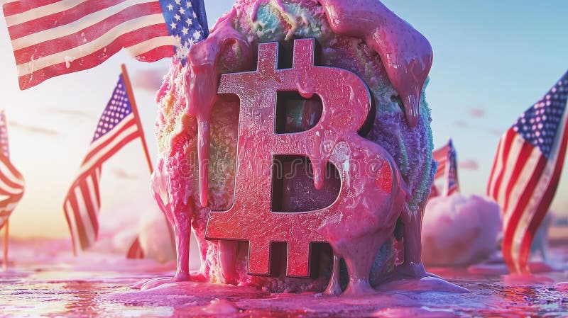 Bitcoin Symbol Amidst Melting Pink Layers and American Flags Stock ...