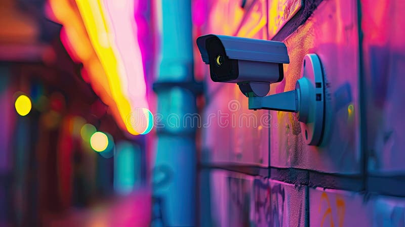 Colorful Ai Powered Security Camera On City Wall Ensuring Continuous