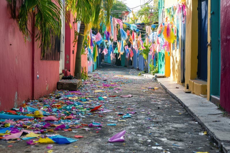 Vibrant Alley after Celebration with Colorful Flags and Confetti in ...