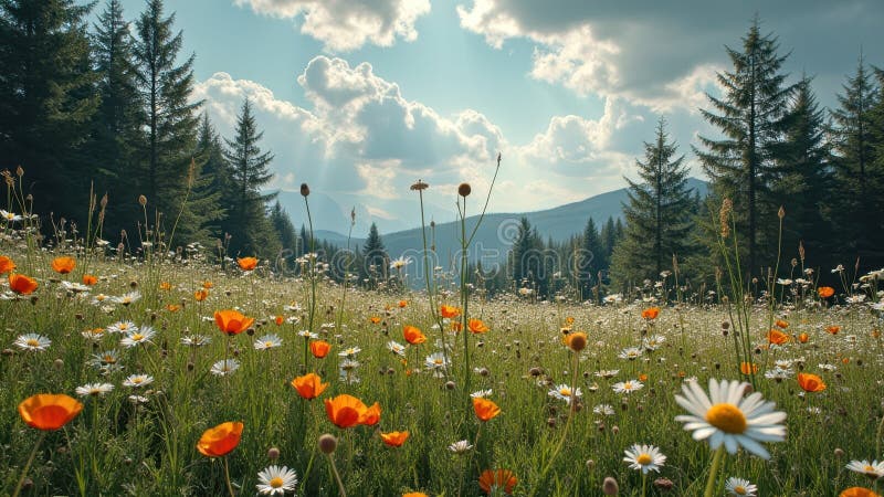 Vibrant Alpine Meadow with Wildflowers Under Blue Sky and Pine Trees ...