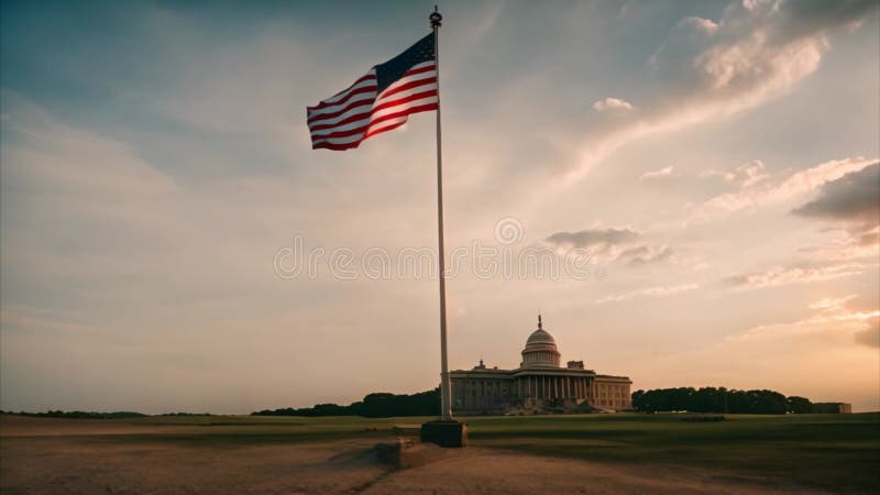 American Flag Waving at Sunset with a Government Building in the ...