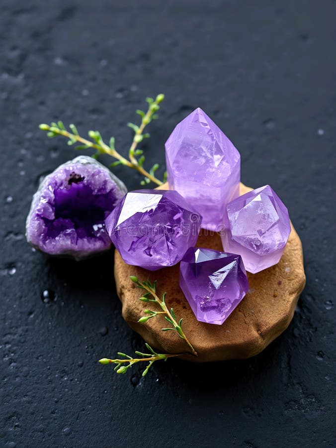Vibrant Amethyst Gemstones Showcased with Natural Elements Stock Photo ...