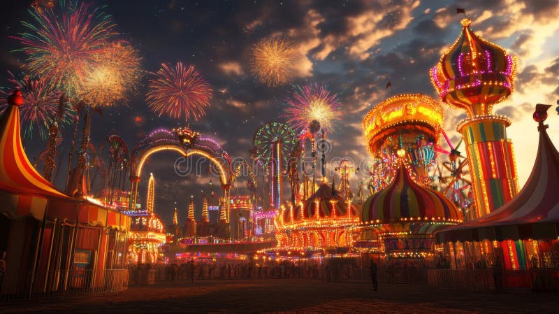 Vibrant Amusement Park at Night with Fireworks Display Stock ...