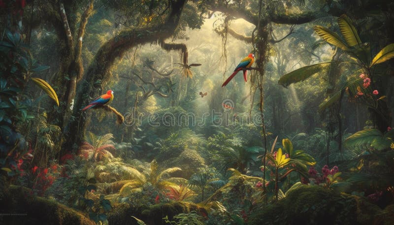 Vibrant Animals Perching on Tropical Rainforest Branch Generated by AI ...