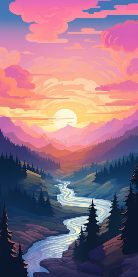 Vibrant Animation of Mountains and Sunrise with River and Tree Stock ...