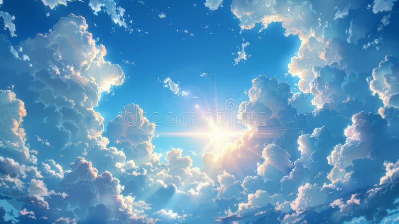 Vibrant Anime Style Sky with Fluffy Clouds and Beaming Sunlight Stock ...
