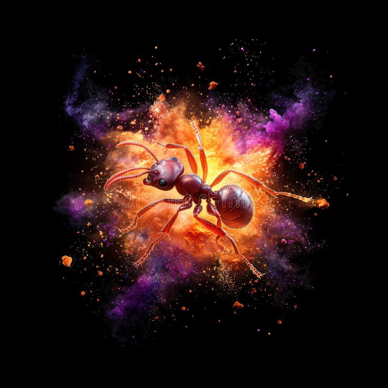 Vibrant Ant with Colorful Explosion of Purple and Orange Particles ...