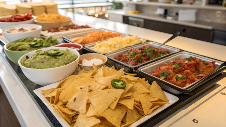 Delicious Mexican Buffet Spread with Guacamole, Nachos, and Various ...