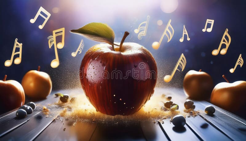 Dancing Apple Surrounded by Music Notes in a Melting Digital Landscape ...