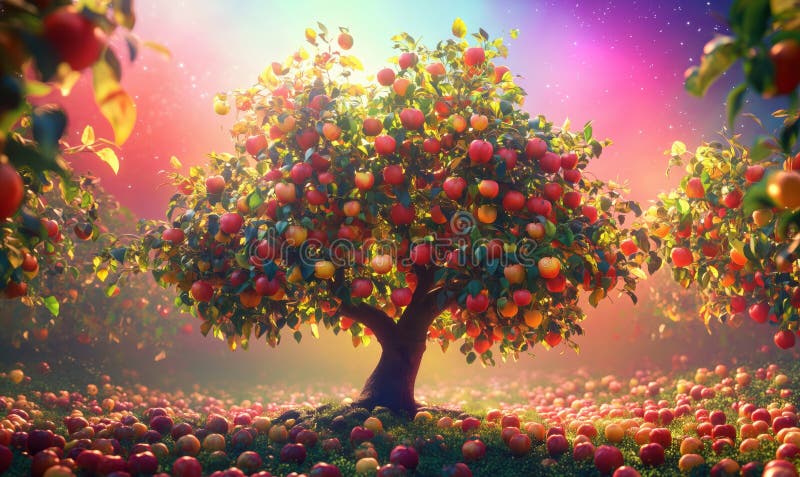 Vibrant Apple Tree Surrounded by Colorful Apples in Enchanting Orchard ...