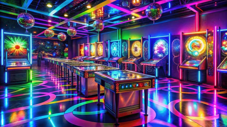 A Vibrant Arcade Hall Illuminated with Neon Lights, Featuring a Multitude of Captivating ...