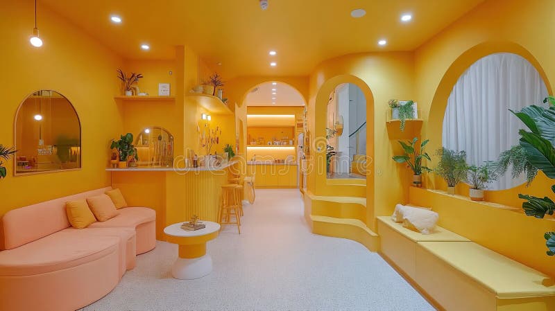 Vibrant, Arched, Yellow Space with a Bar and Seating Stock Illustration ...