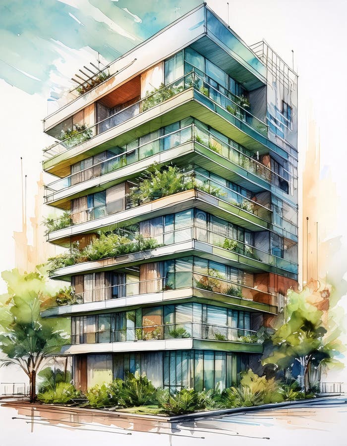 Vibrant Architectural Rendering of a Modern, Green Building Stock ...