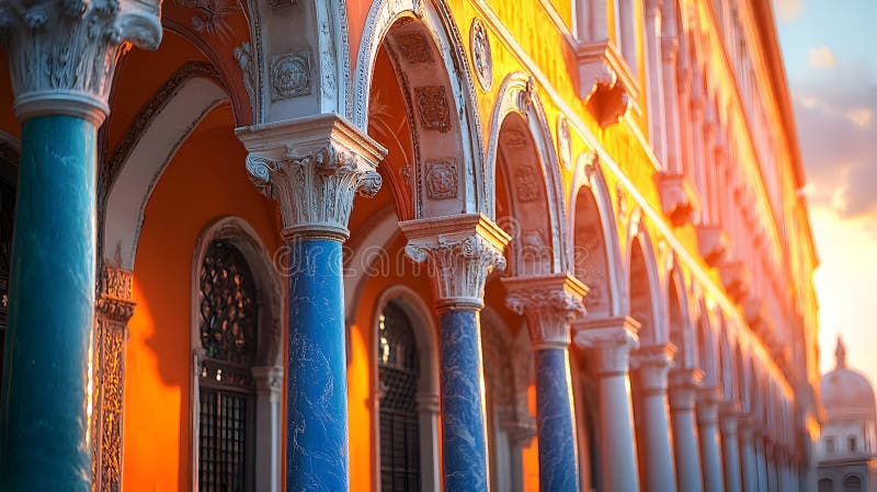 A Vibrant Architectural Scene Featuring Ornate Columns and Warm ...