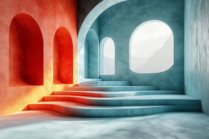 Vibrant Architectural Space with Curved Steps, Red and Blue Walls, and ...