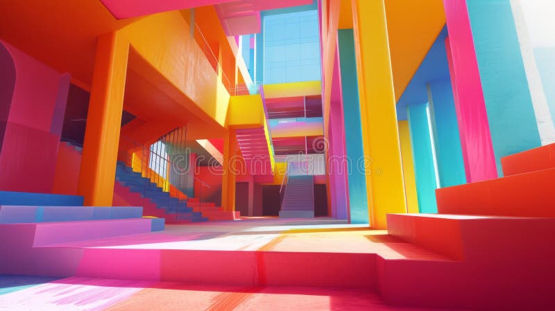 Vibrant Architectural Space with Geometric Design and Bold Colors Stock ...