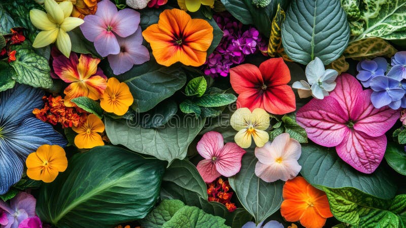 Vibrant Arrangement of Assorted Colorful Flowers and Leaves Stock ...