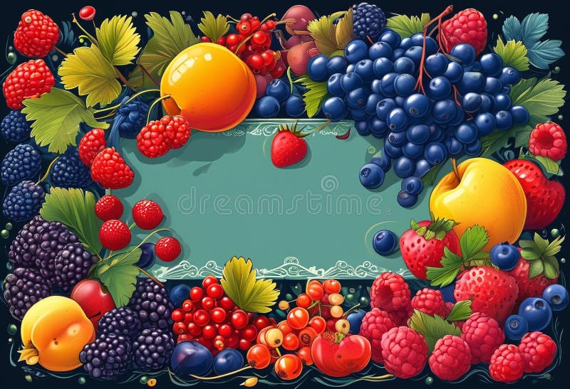 A Vibrant Arrangement of Assorted Fruits Framing a Blank Turquoise ...