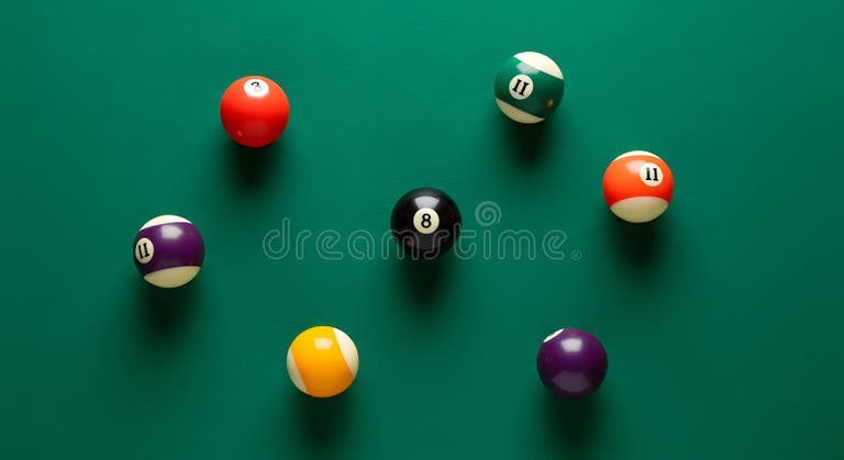 Pool Table Arrangement with Eight Billiard Balls, Including Stripes and ...