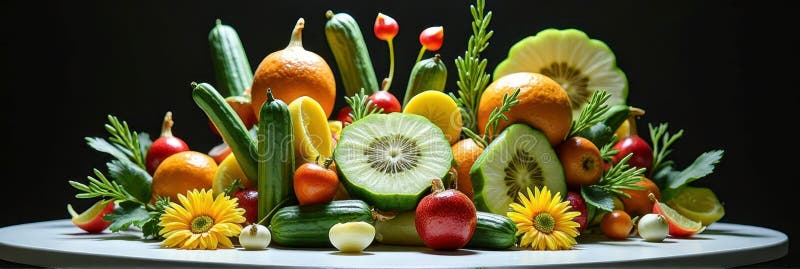 Vibrant Arrangement of Fruits and Vegetables with Citrus and Kiwi on ...