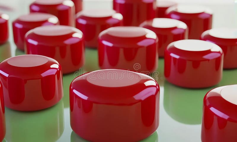 A Vibrant Arrangement of Glossy Red Cylindrical Objects on a Reflective ...