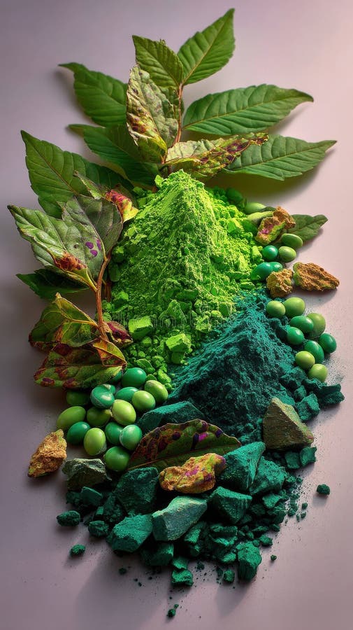 Vibrant Arrangement of Green Powders, Leafy Foliage, and Sphere Shaped ...