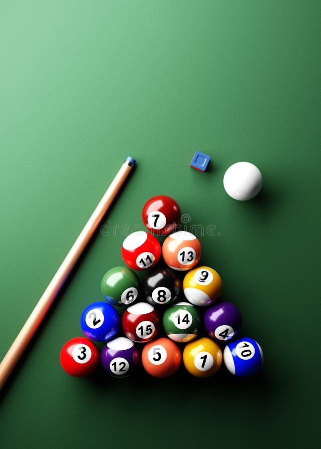 A Vibrant Arrangement of Pool Balls and a Cue Stick on a Green Felt ...