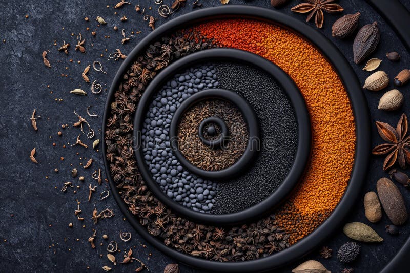 A Vibrant Arrangement of Spices in Circular Patterns Showcasing Rich ...