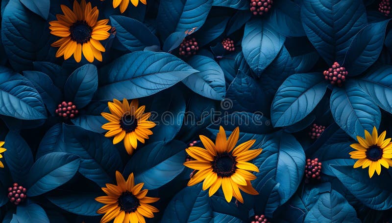 A Vibrant Arrangement of Sunflowers and Dark Leaves Creating a Striking ...