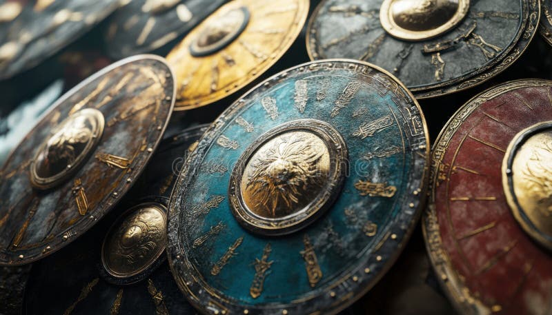 Detailed Collection of Ancient Shields Displayed in a Historic Setting ...